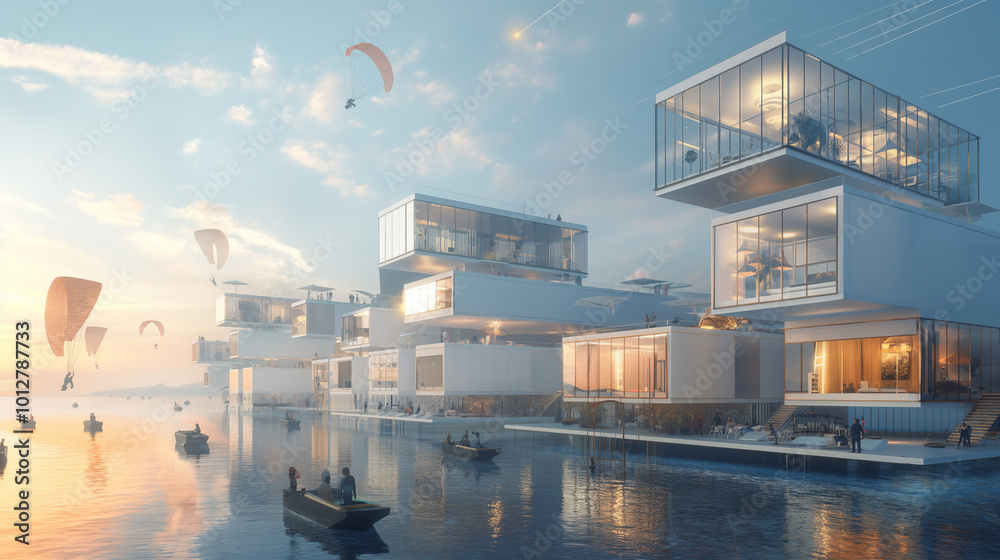 Modern floating architecture along a serene waterfront at sunset with ...