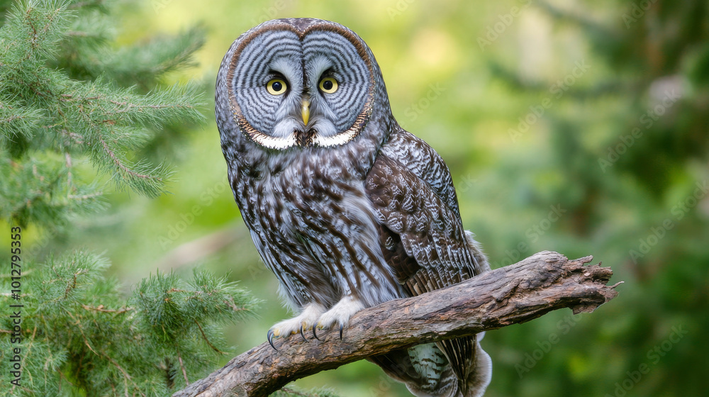 A large, grey owl, fully grown, captured in a picture. The owl is kept ...
