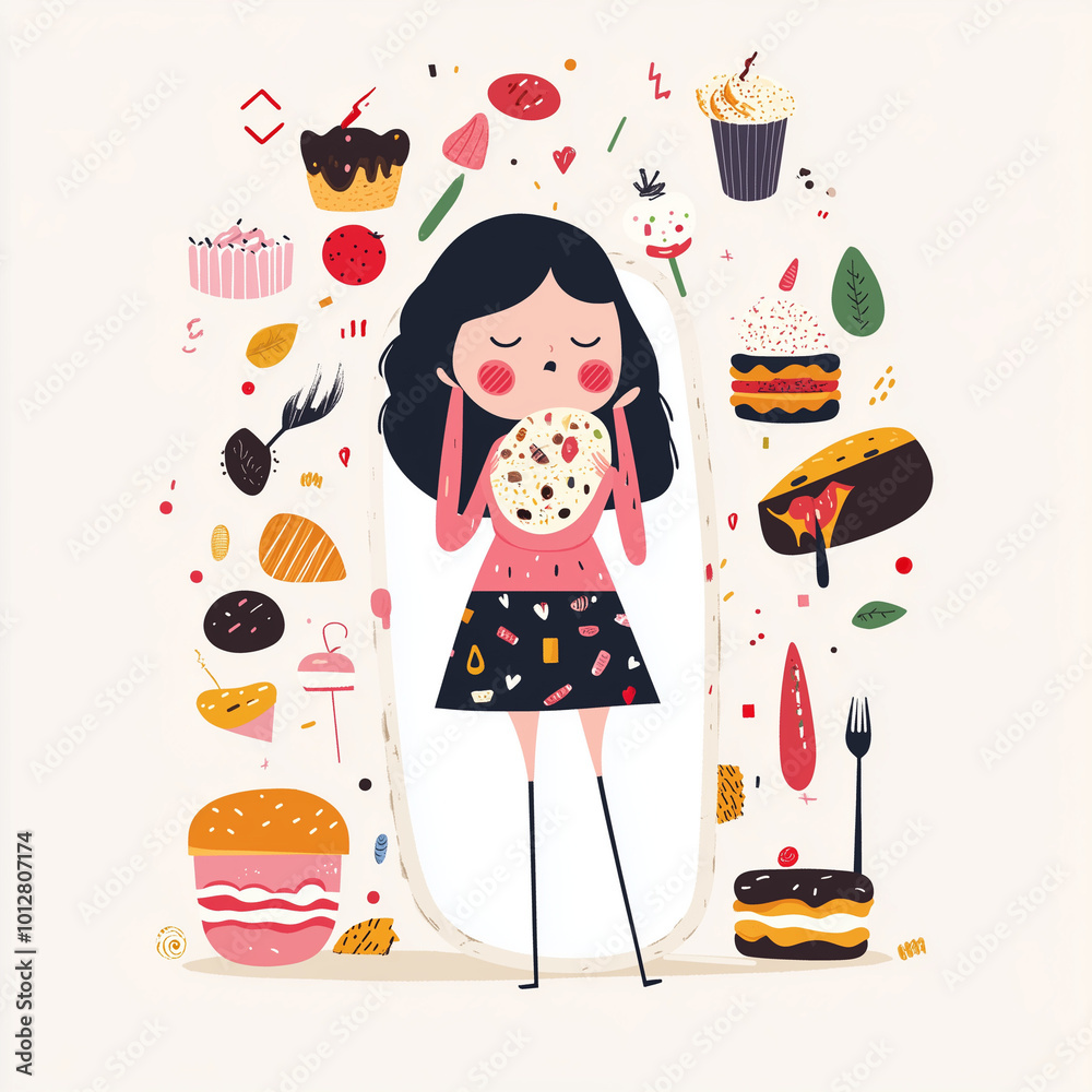 An illustration of bulimia symptoms, with a person binge eating and ...