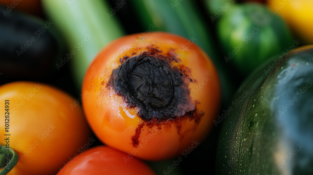 Fresh vegetables with a single rotten tomato in the center, symbolizing ...