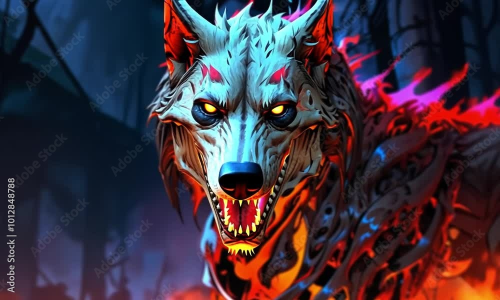 Digital illustration of mythical wolf-like creature with skeletal ...