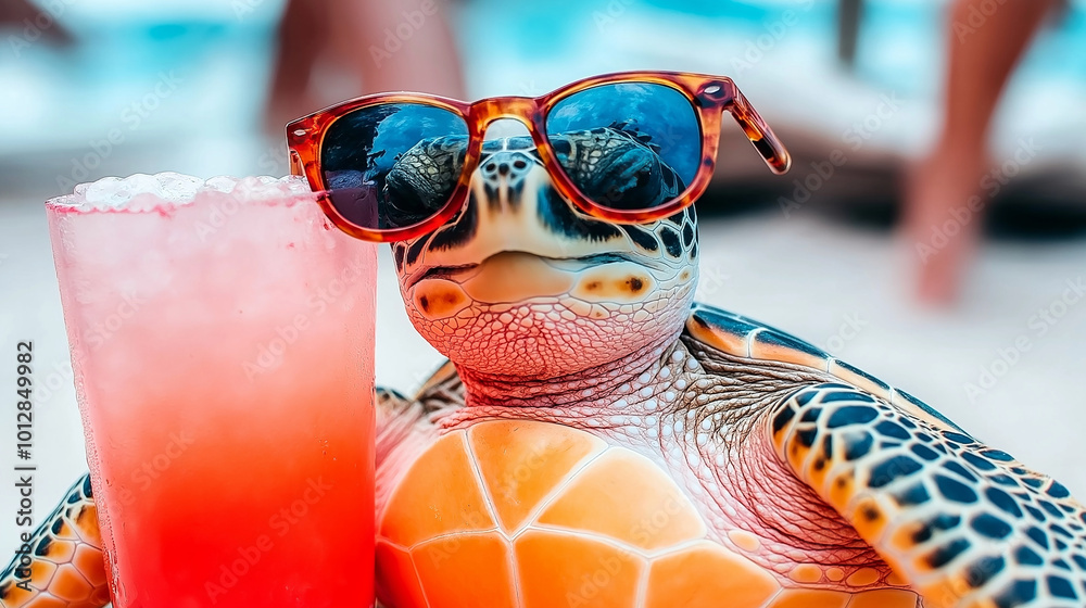 Turtle sunbathing on a tiny yacht, with sunglasses and a refreshing ...