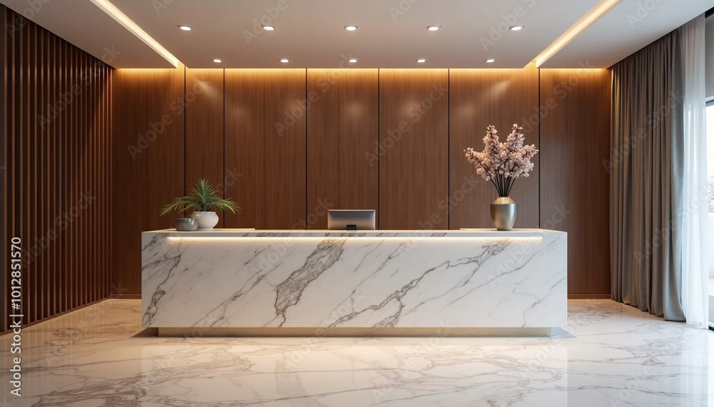 Modern hotel check-in desk with minimalist design and warm lighting ...