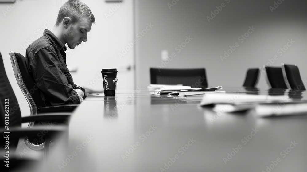 Man sitting alone at large empty conference table with sad expression ...