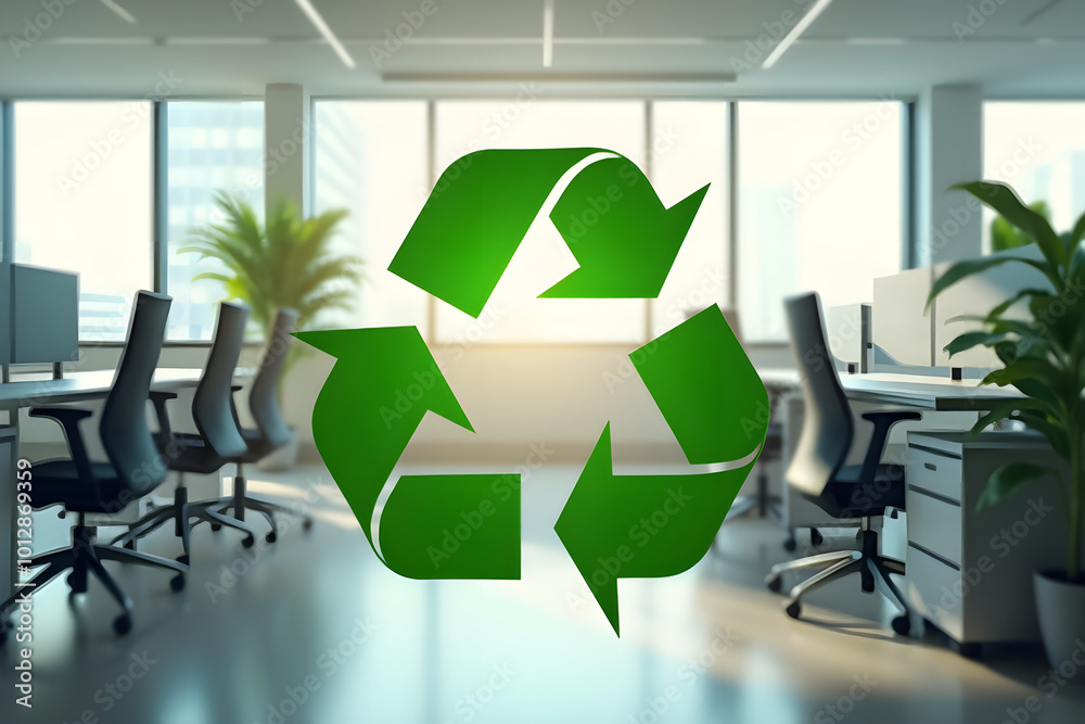Green recycle symbol icon sign with professional environment background ...
