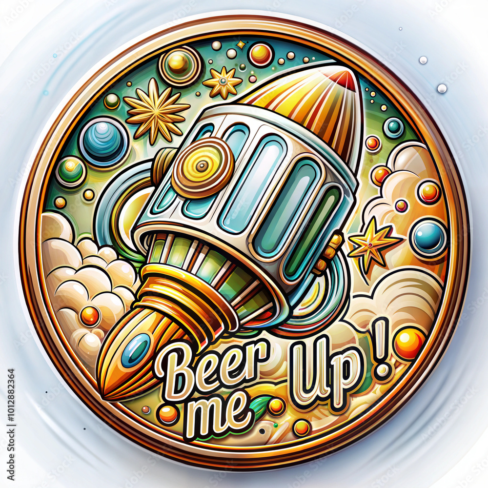 Sticker Design, Coaster design, Cartoon rocket ship with "Beer Me Up ...