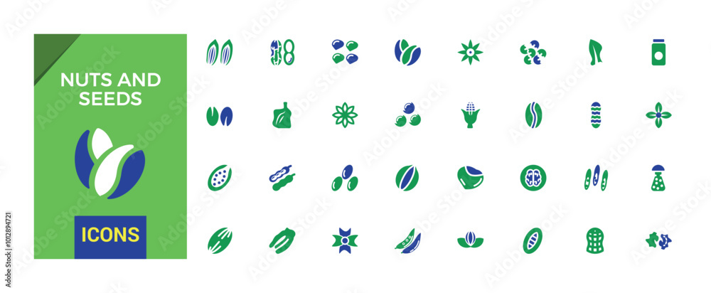 Nuts, seeds icon set. Solid two tone color style icons. Plant based ...