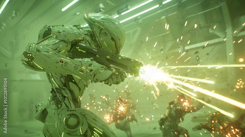 Futuristic Ray Tracing Hostile AI Battle Concept Art - Fearsome Robot ...