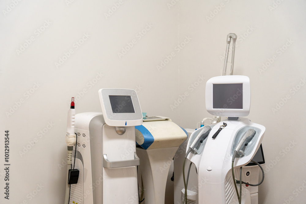 Modern Aesthetic Equipment: Two sleek, white medical machines with ...