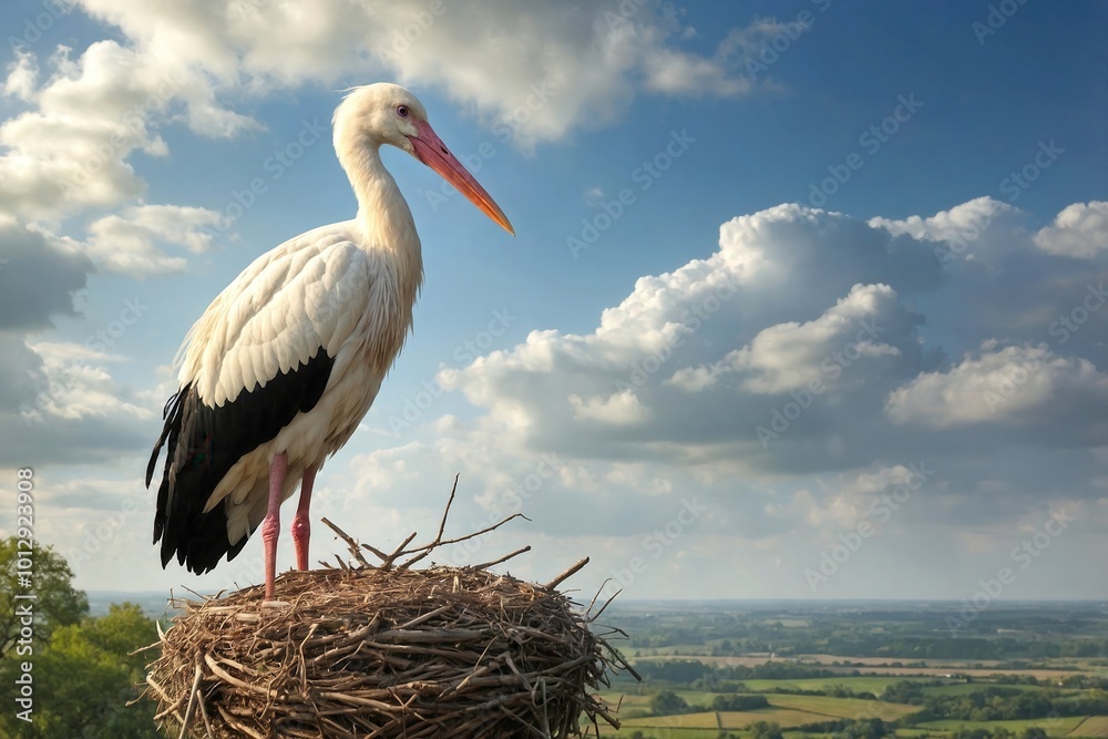 Stork Nesting on Top of a Tall Tree in a Countryside Landscape Stock ...