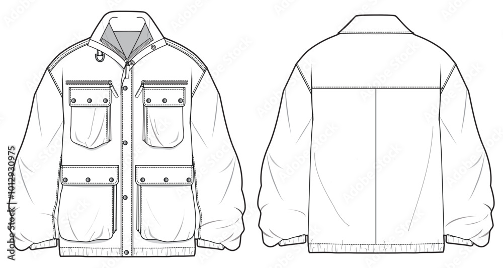 Military jacket design flat sketch Illustration front and back view ...