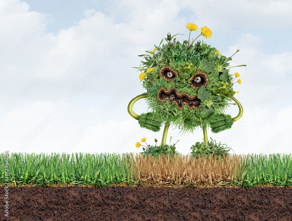 Lawn weeds Monster on a healthy lawn as a grass character and weed ...