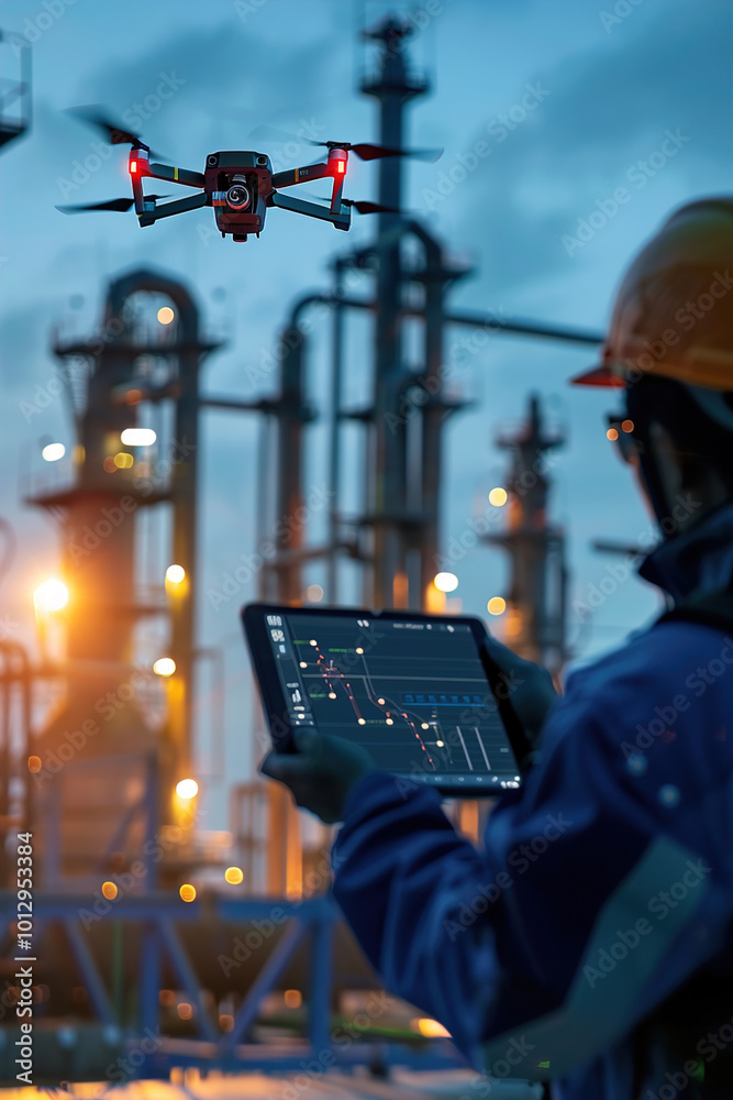 Drone flying near oil refinery pipes, operator analyzing real-time data ...