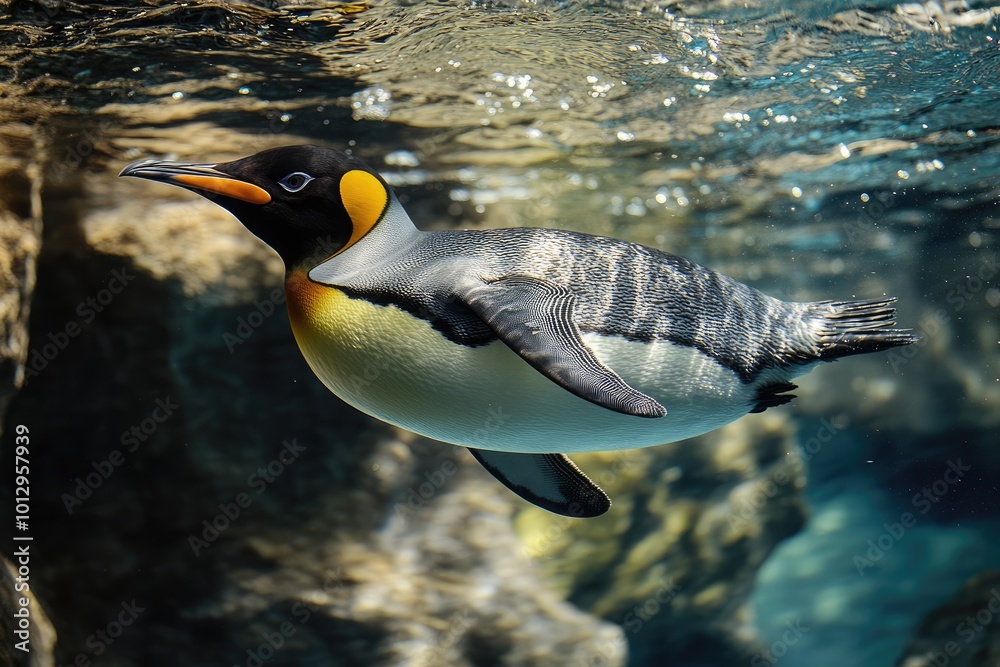 King penguin swimming underwater. Perfect for wildlife documentaries or ...