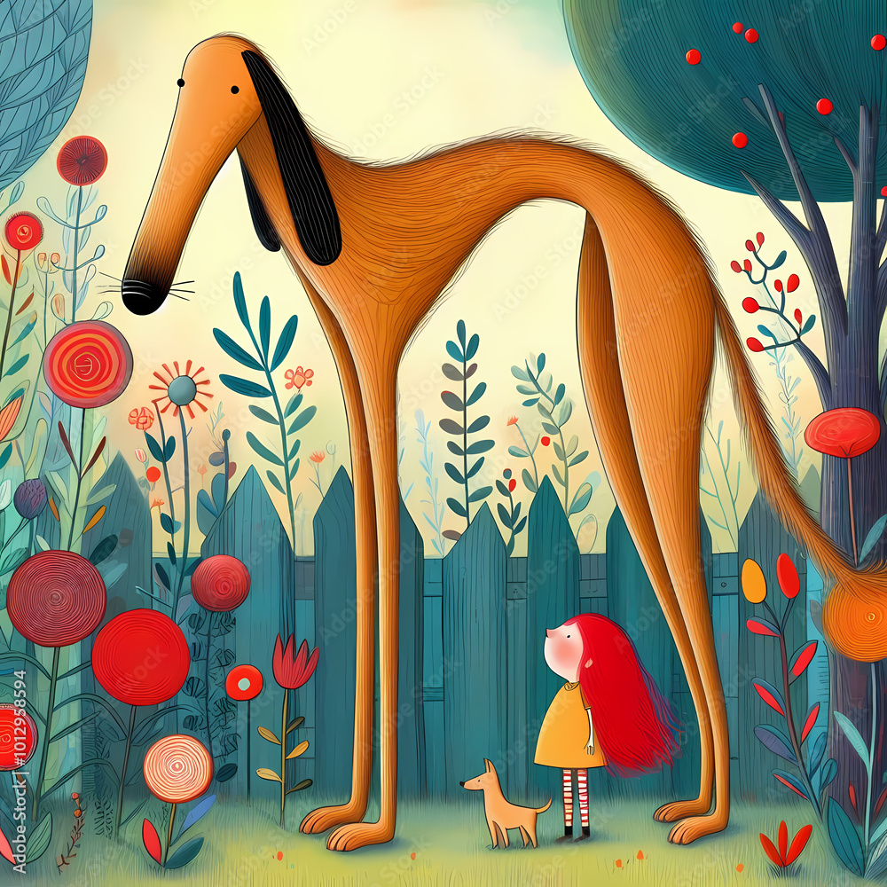 Giant Greyhound Dog and Red-haired Girl, in mystical forest, Fantasy ...