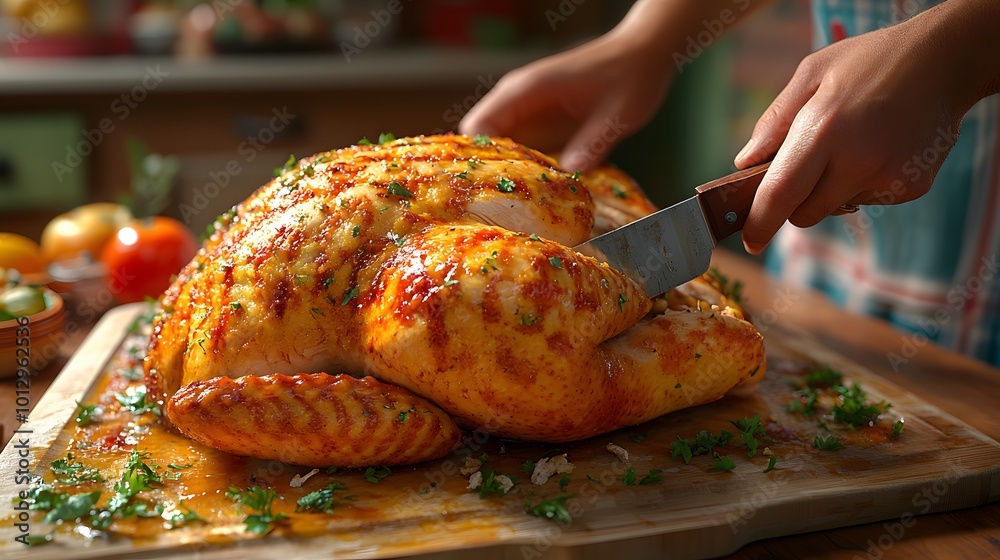 A family member carving a holiday turkey, with the glistening golden ...