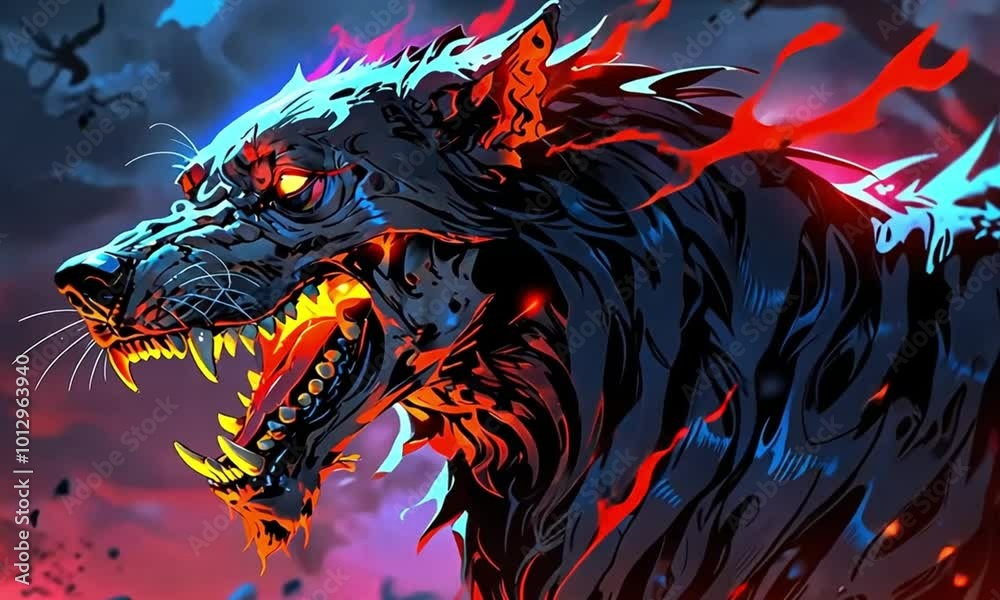 Digital illustration of mythical wolf-like creature with skeletal ...
