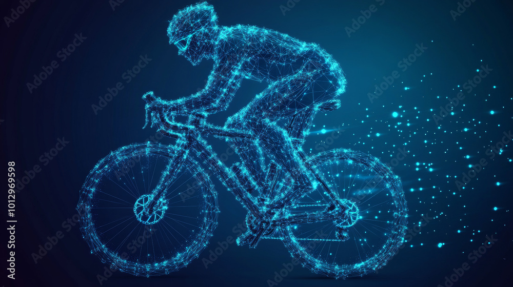 An abstract wireframe silhouette of a road bike racer, depicted in ...