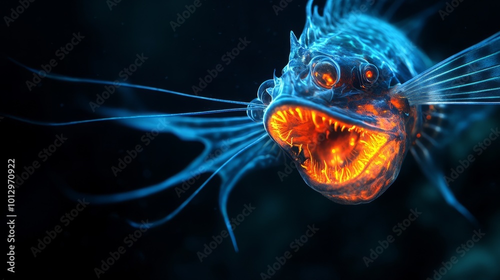 A deep-sea anglerfish showcasing its bioluminescent lure in the dark ...