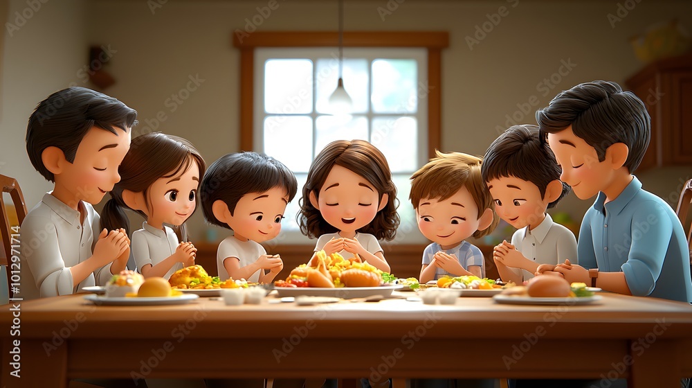 Intimate moment of family members holding hands around a table, sharing ...