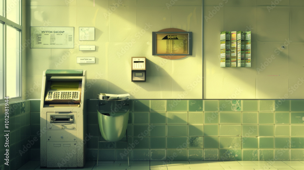 Ticket booth with cash register and ticket dispenser for admission to ...