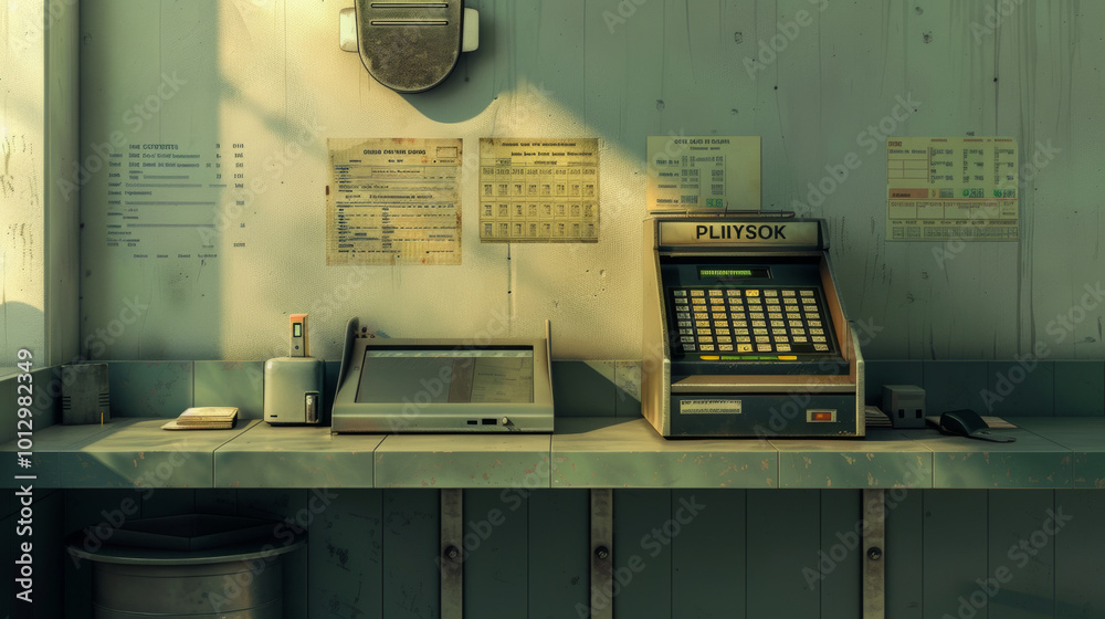 Ticket booth with cash register and ticket dispenser for admission to ...