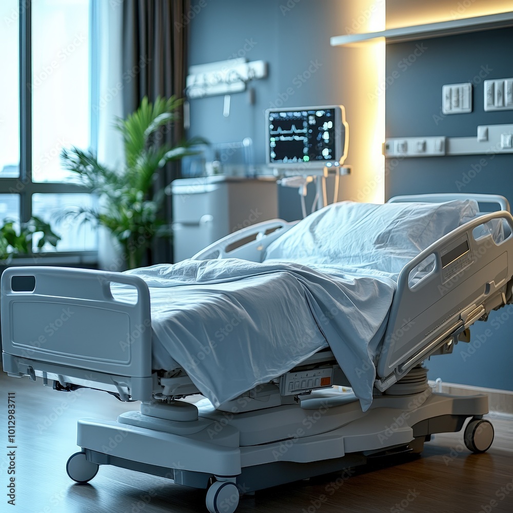 A modern hospital room featuring an empty hospital bed with crisp ...