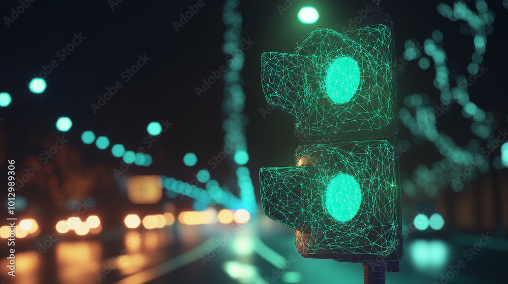 A simple, 3D design of a green traffic light, made up of connected dots ...