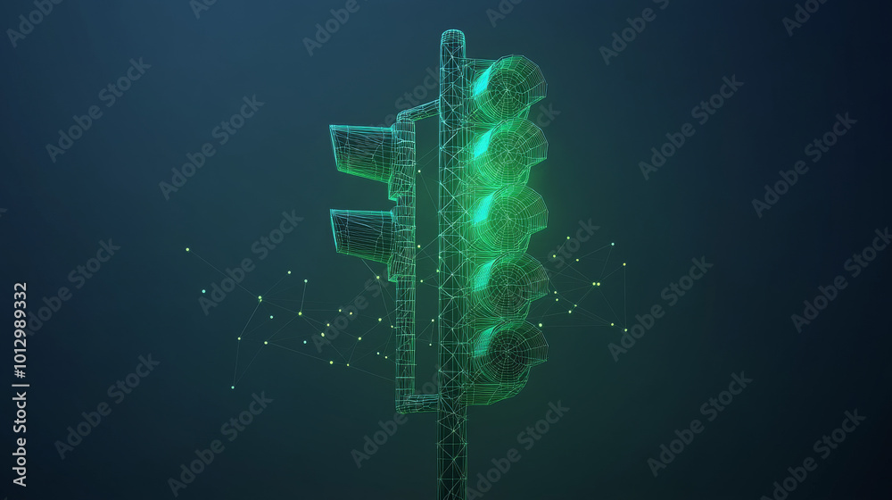 A simple, 3D design of a green traffic light, made up of connected dots ...