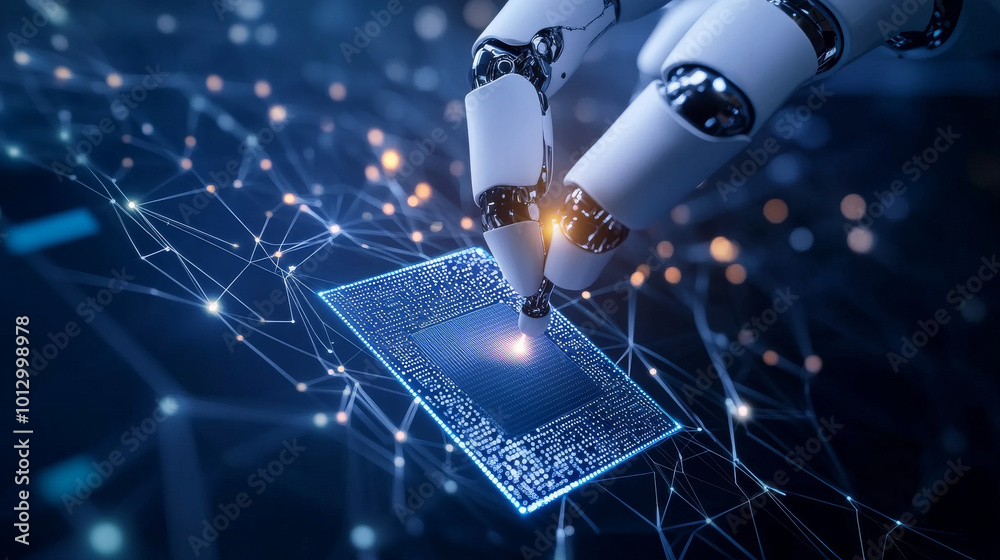 Robotic arm carefully places a tiny AI chip onto a dark blue surface ...