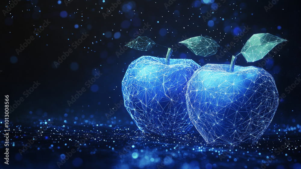 Two simple blue apples, made up of triangles, look like stars in a dark ...