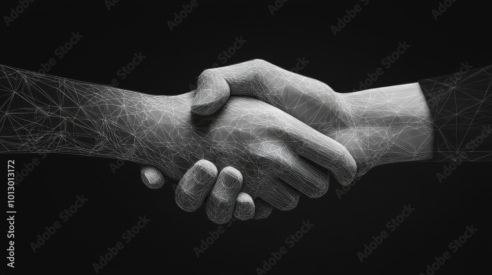 Two hands clasped together,made of simple shapes and lines,symbolize a ...