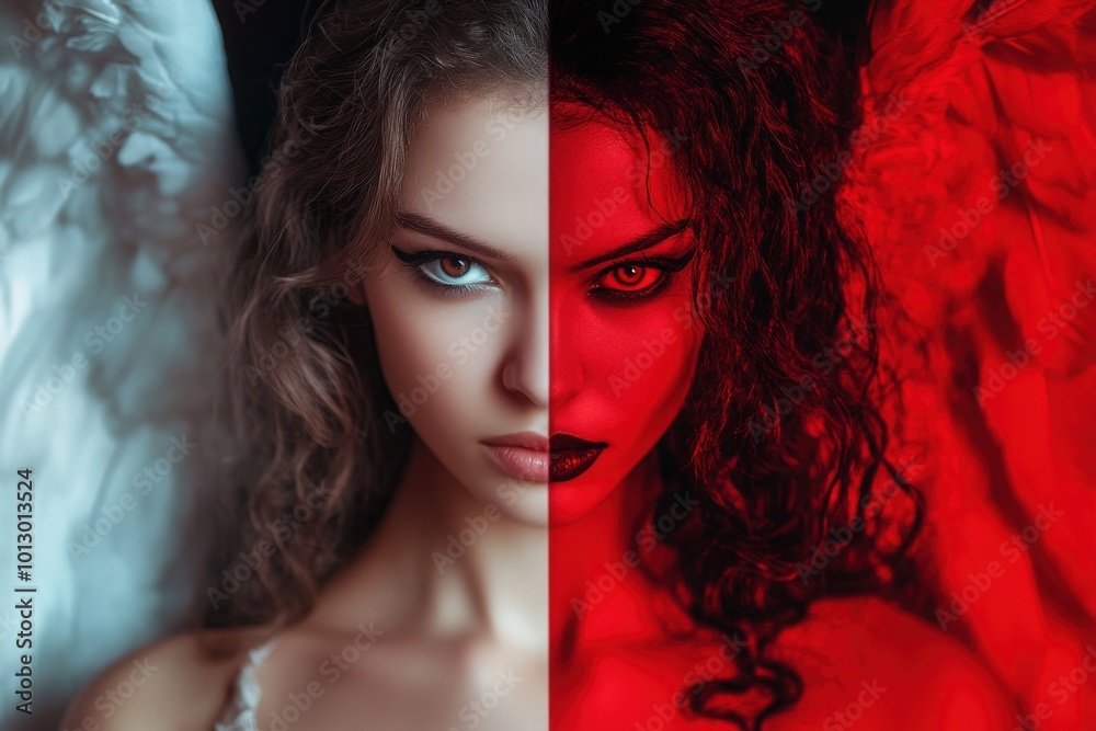 Beautiful woman portrait, angel and demon split image, angel side is ...