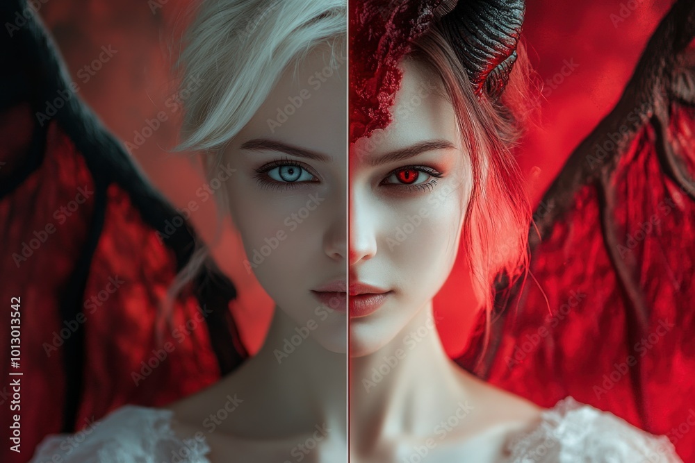 Beautiful woman portrait, angel and demon split image, angel side is ...