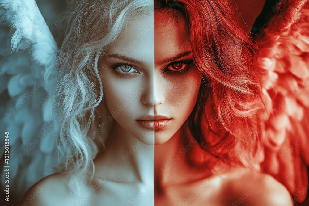 Beautiful woman portrait, angel and demon split image, angel side is ...