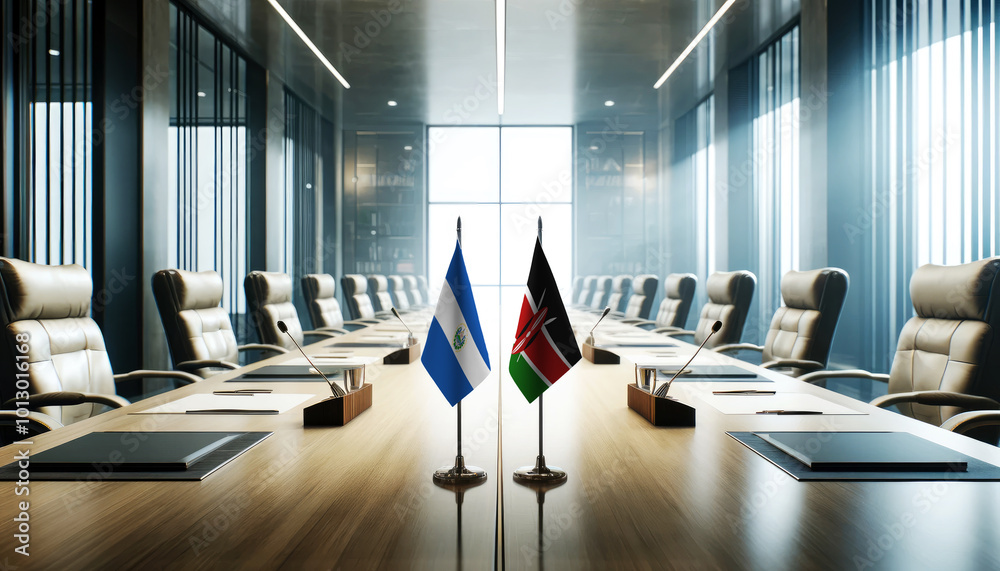 A modern conference room with El Salvador and Kenya flags on a long ... A modern conference room with El Salvador and Kenya flags on a long ...