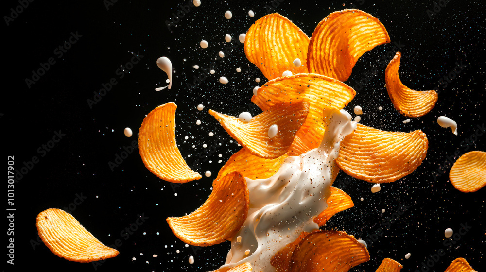 Potato chips in sour cream sauce. Close-up of golden crepe chips with ...