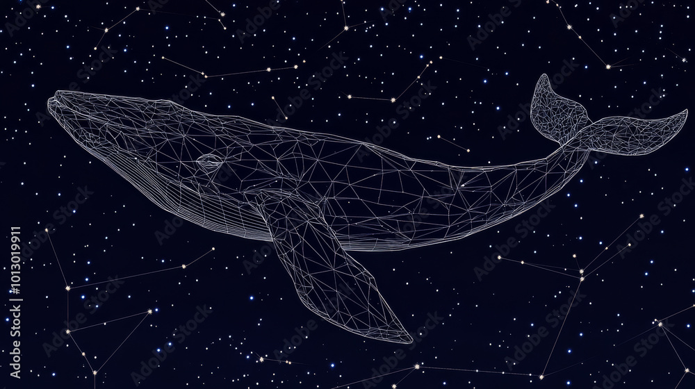 A blue whale is shown as a digital design made of geometric shapes. The ...