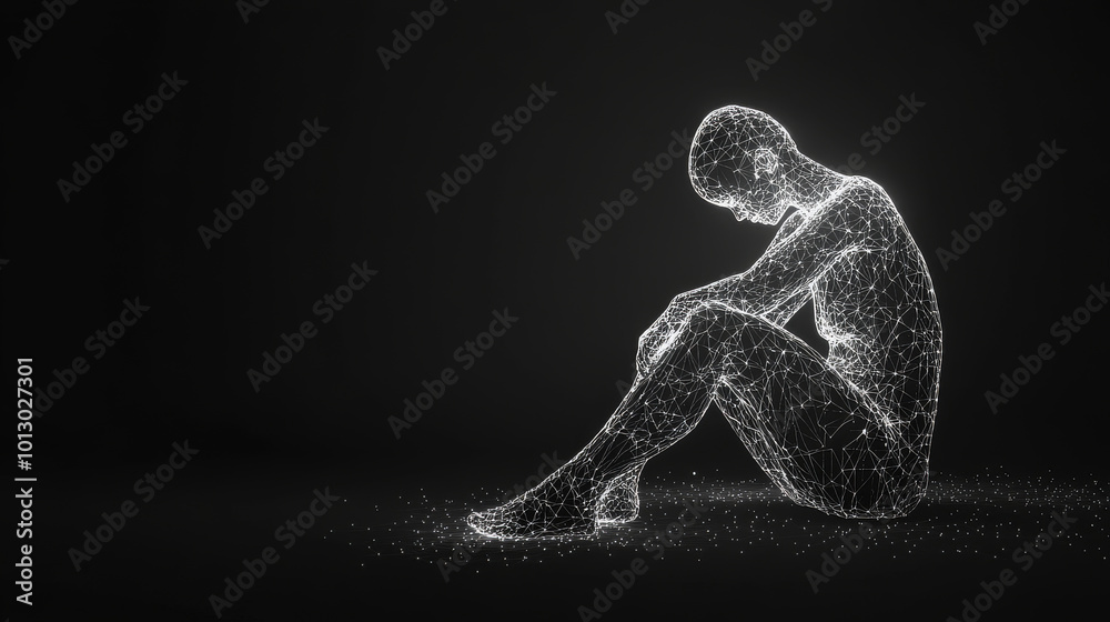 woman sits alone, her form made of connected dots and lines ...