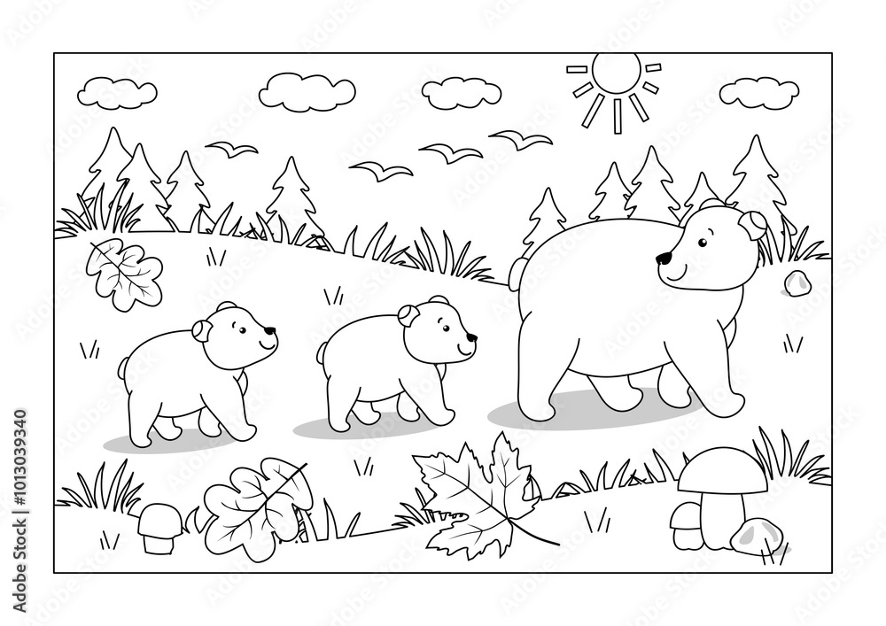 Bear mom and her two cubs are going to their den in autumn coloring ...