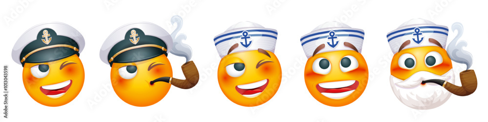 Sailor emoji on white background. Marine emoticon with sailor hat, navy ...