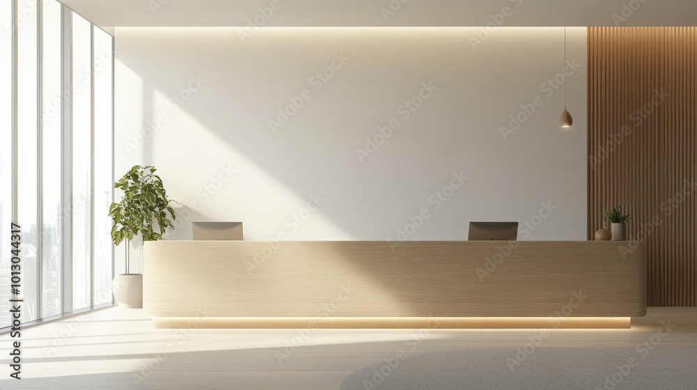 Light wood front desk in a bright waiting room, LED lighting overhead ...