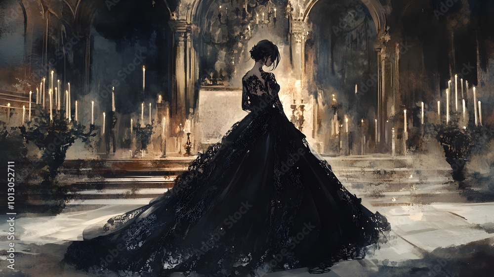 A gothic wedding scene featuring a bride in an intricate black lace ...
