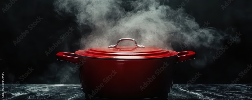 Red electric pot for boiling water or boiling soups and smoke on dark ...