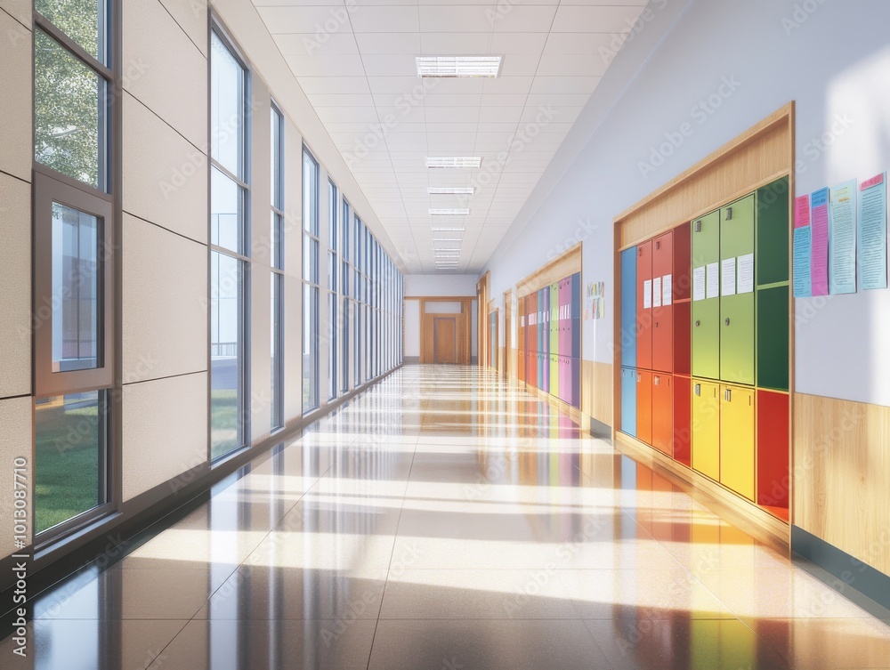 2408 98.A pristine school corridor with smooth, tiled floors and a ...