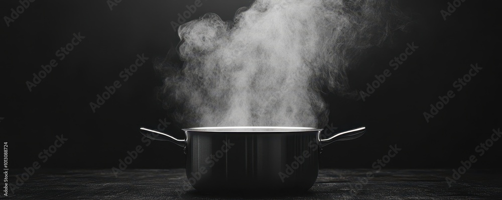 Black electric pot for boiling water or boiling soups and smoke on dark ...