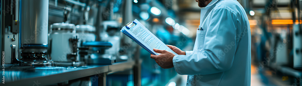 Engineer holding a checklist and marking products on an assembly line ...