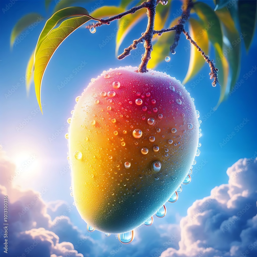 A Francis mango fruit hangs from a branch with vibrant colors and dew ...