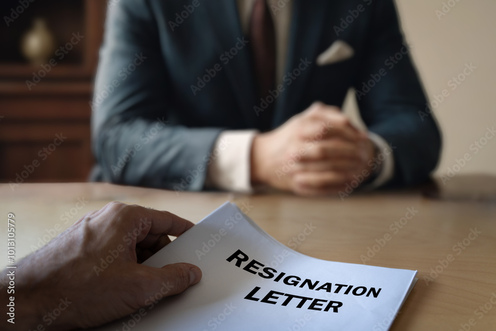 businessman in a formal suit sitting at a desk while another person ...