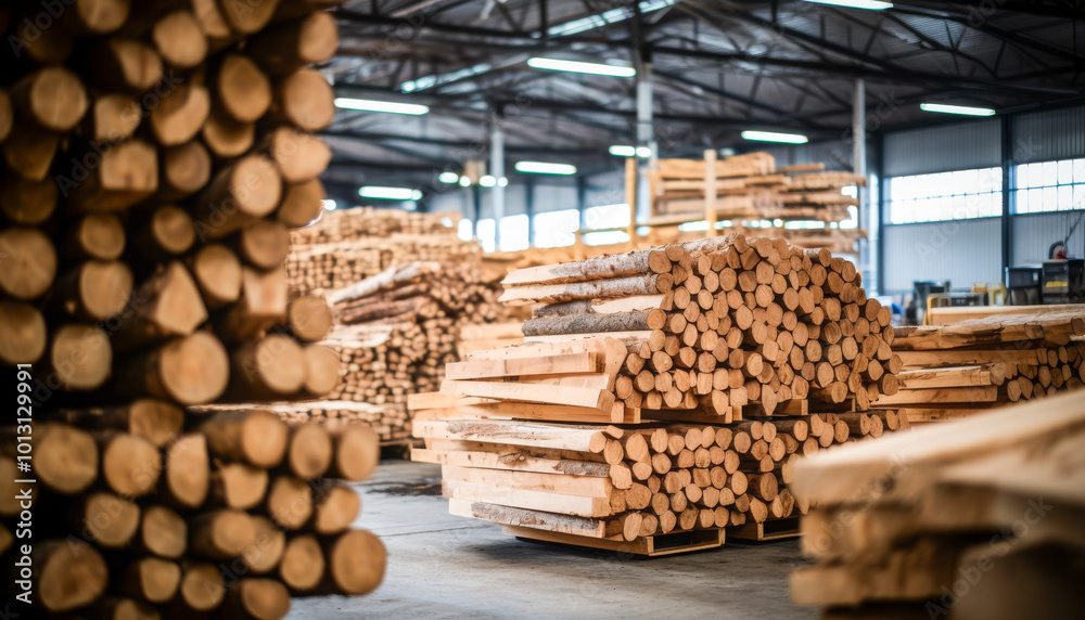 Stacks of wooden logs and processed lumber are stored in an indoor ...